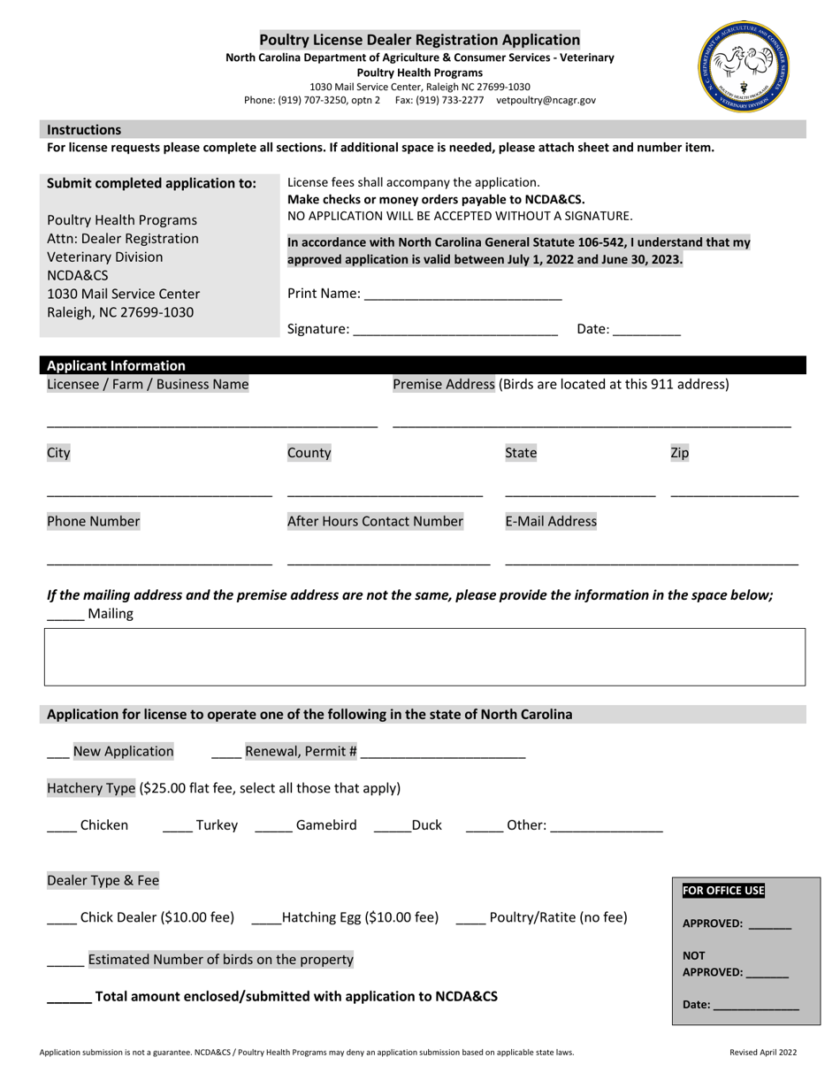 North Carolina Poultry License Dealer Registration Application - Fill Out, Sign Online and ...