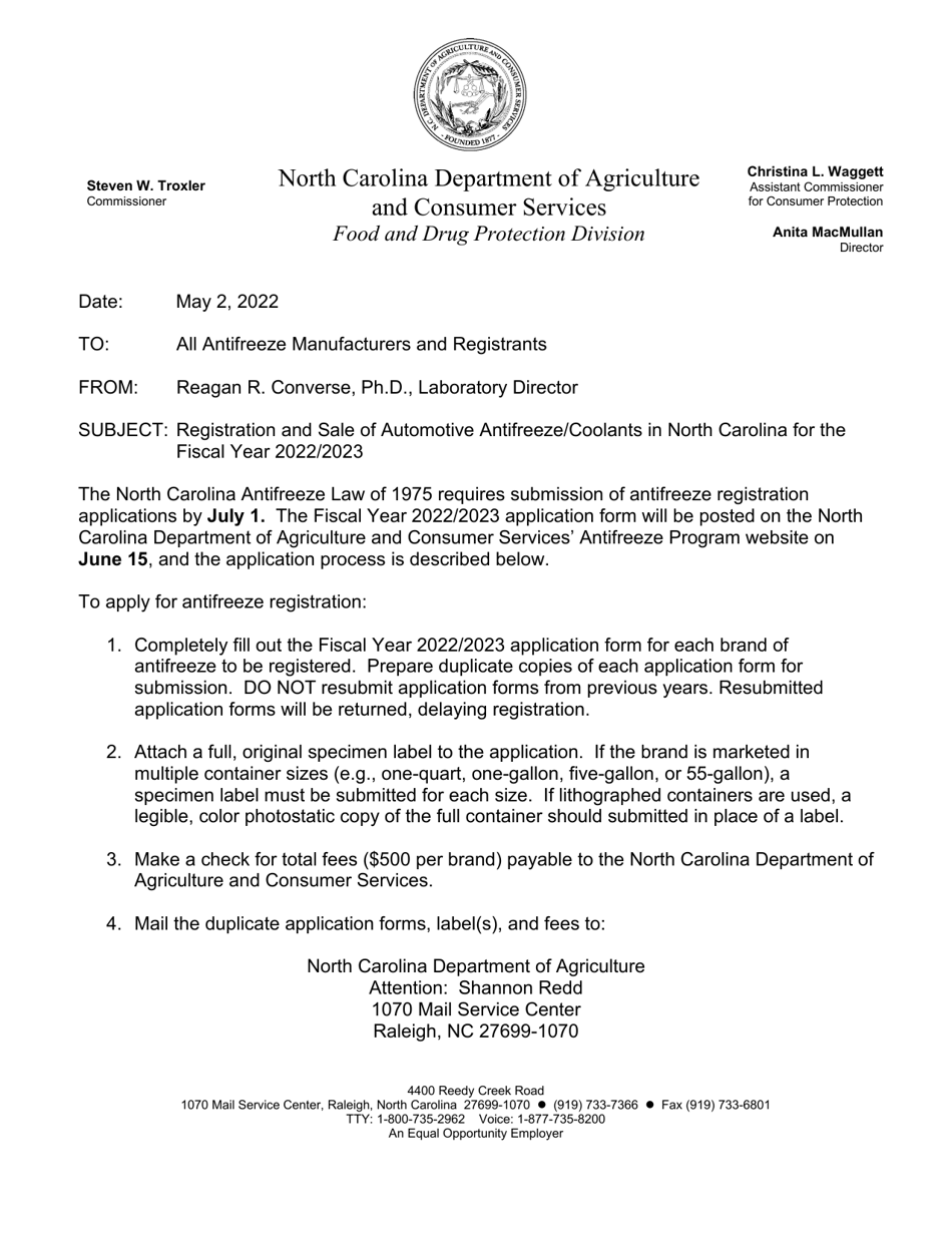 2023 North Carolina Application for Permit for Sale of Antifreeze ...