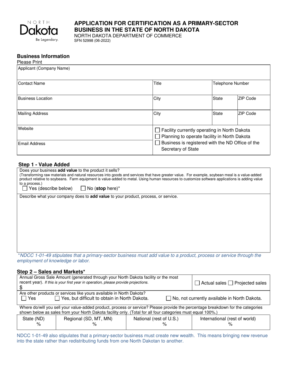 Form SFN52998 - Fill Out, Sign Online and Download Fillable PDF, North ...