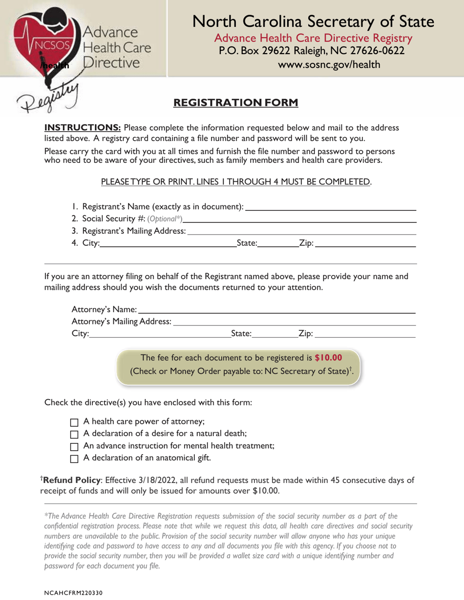 North Carolina Registration Form Download Printable PDF | Templateroller