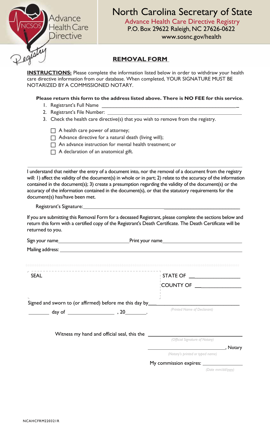 North Carolina Removal Form - Fill Out, Sign Online and Download PDF ...