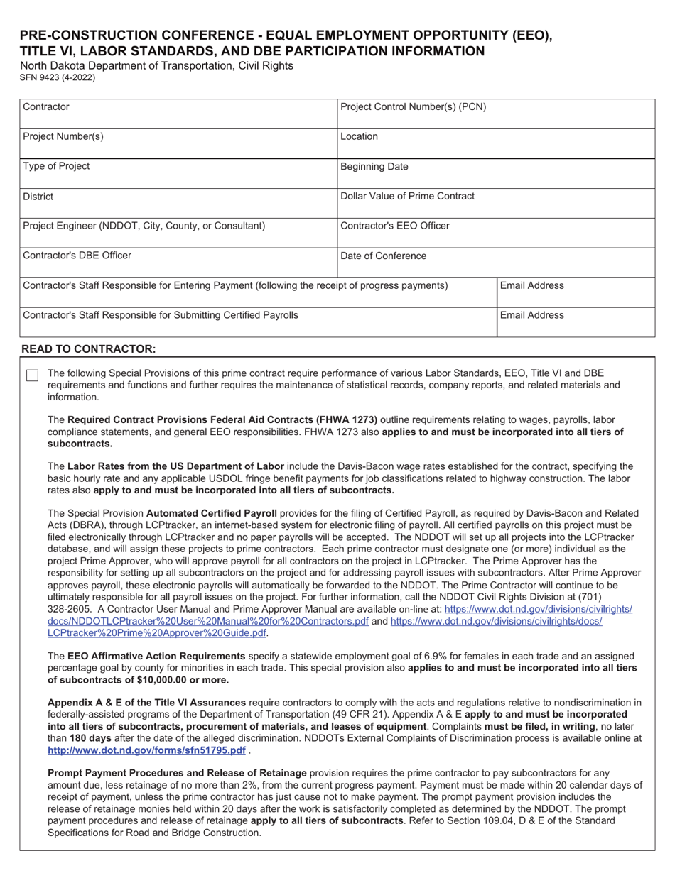 Form SFN9423 Download Fillable PDF or Fill Online Pre-construction ...