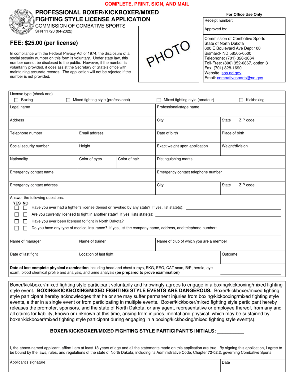 Form SFN11720 Download Fillable PDF or Fill Online Professional Boxer ...
