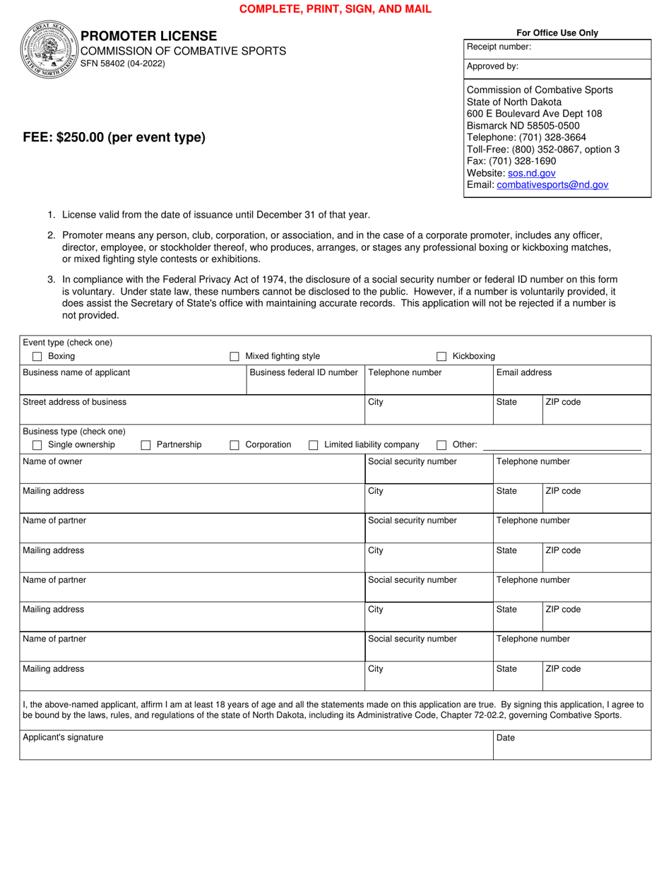 Form SFN58402 Download Fillable PDF or Fill Online Promoter License ...