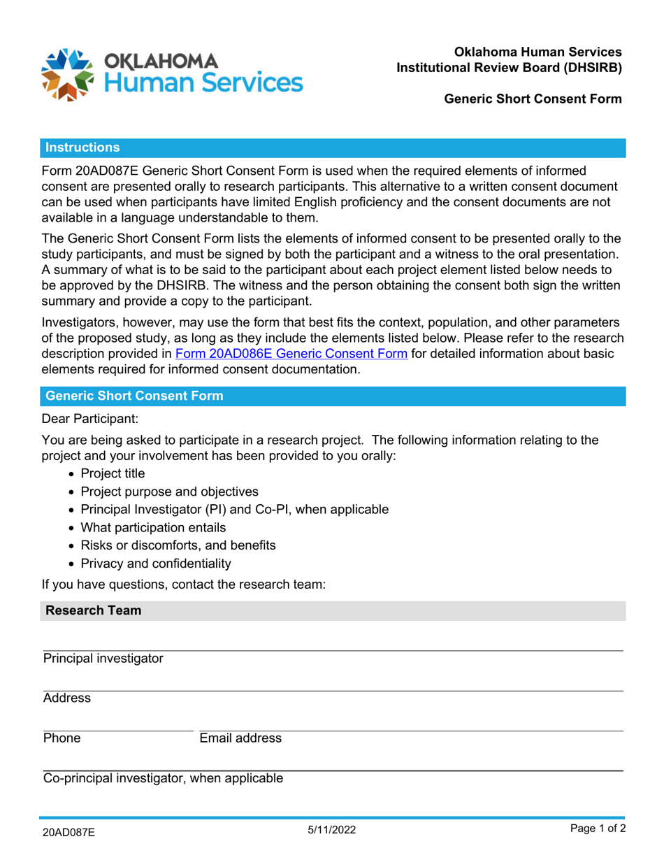 Form 20AD087E Download Fillable PDF or Fill Online Generic Short ...