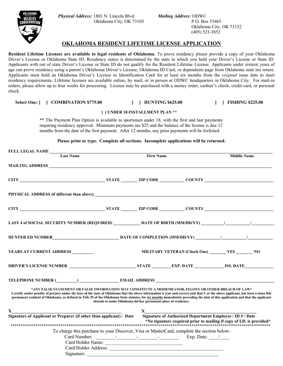 Oklahoma Oklahoma Resident Lifetime License Application - Fill Out ...