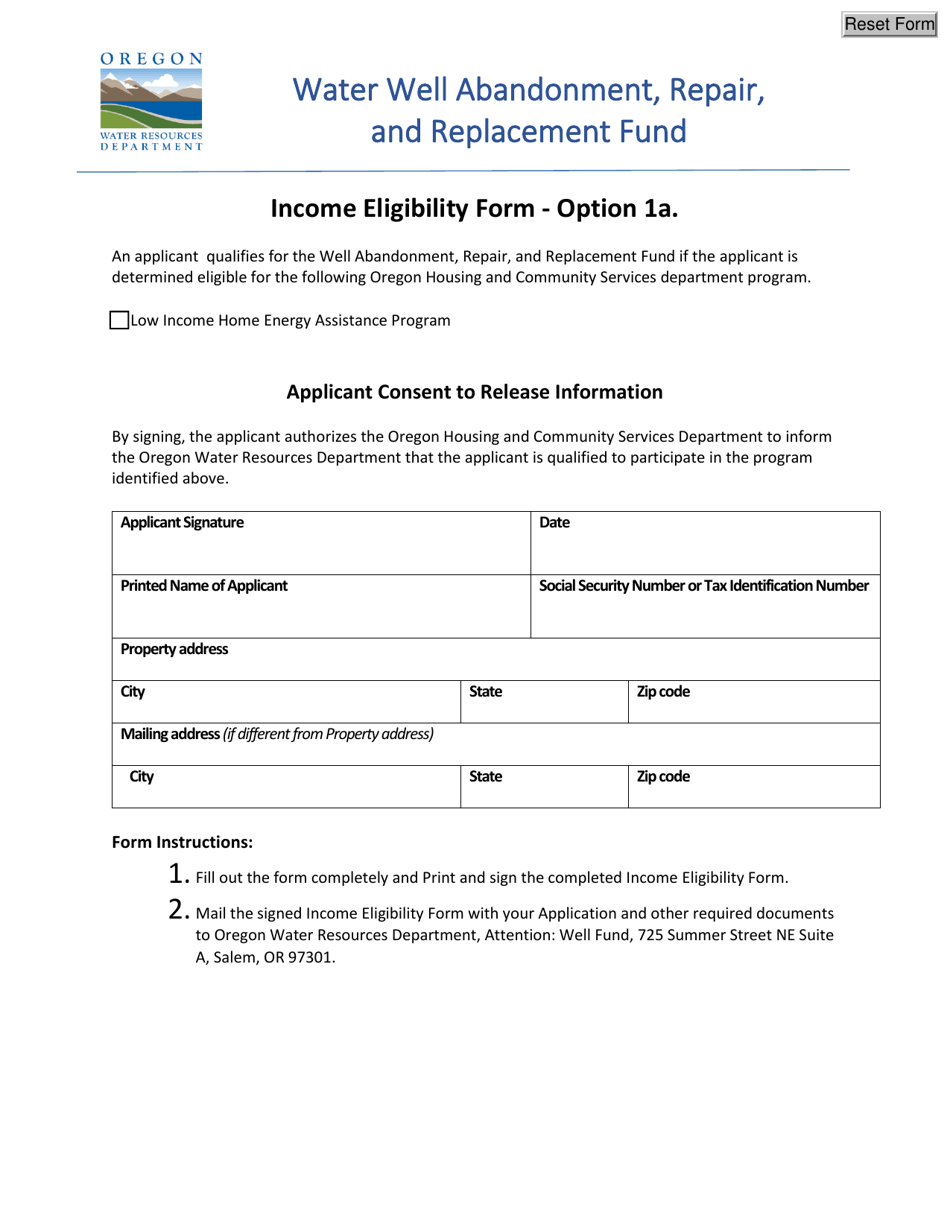 Oregon Option 1a - Income Eligibility Form - Water Well Abandonment, Repair, and Replacement ...