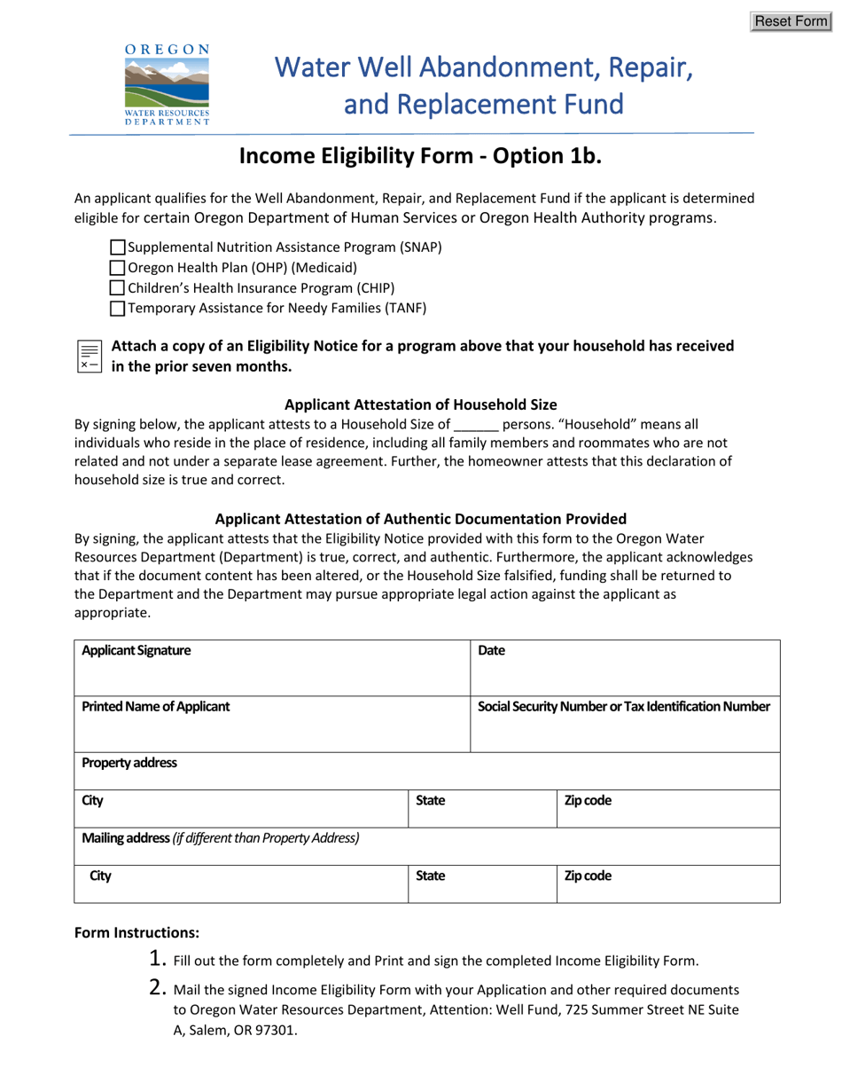Oregon Income Eligibility Form - Option 1b - Water Well Abandonment, Repair, and Replacement ...