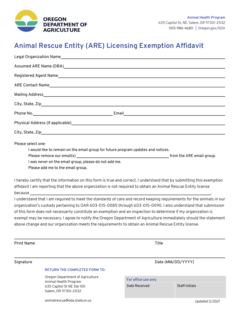 Oregon Animal Rescue Entity (Are) Licensing Exemption Affidavit - Fill ...