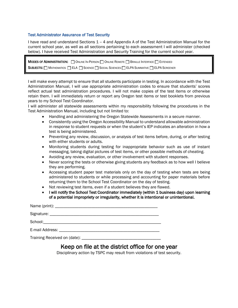 Oregon Test Administrator Assurance of Test Security - Fill Out, Sign ...