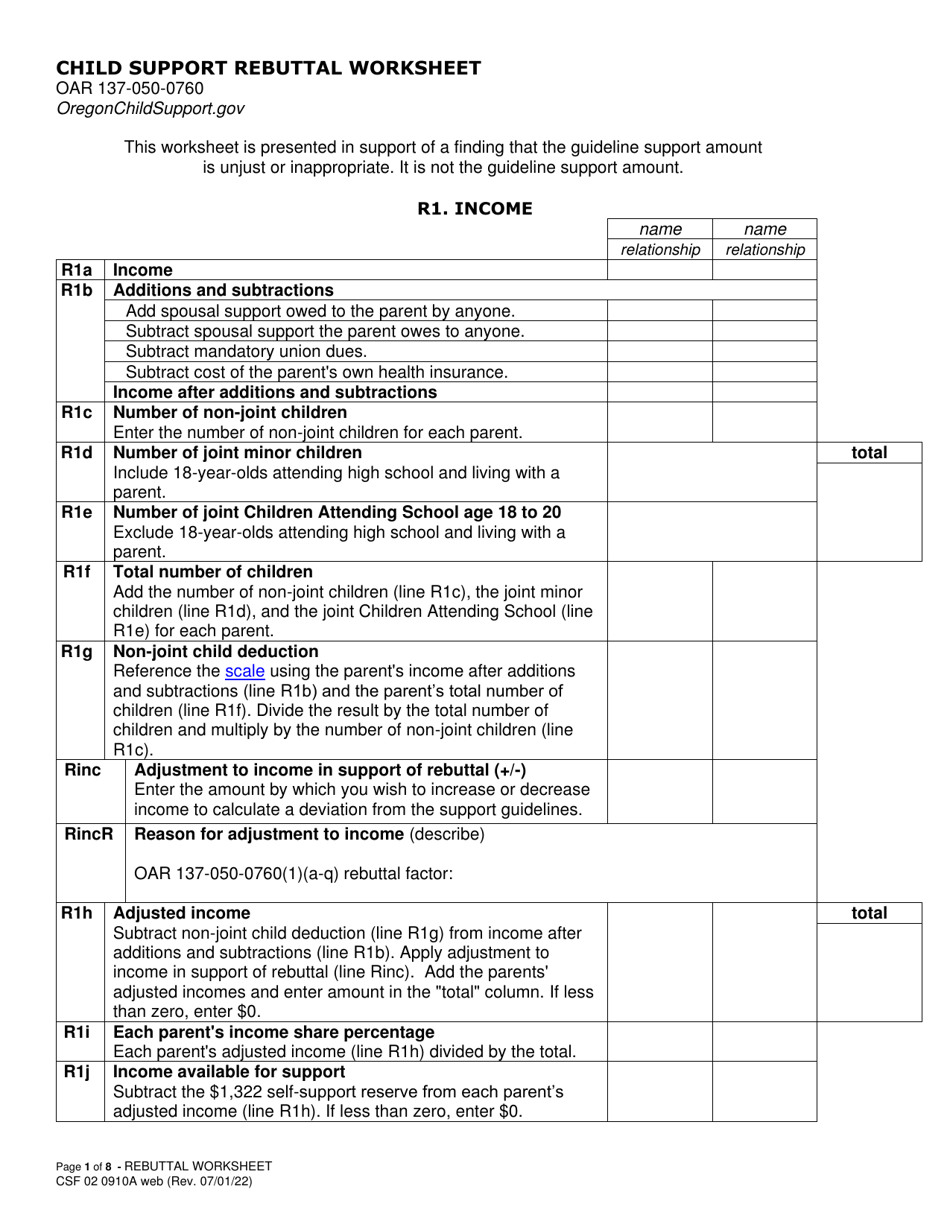 Form CSF02 0910A Download Printable PDF or Fill Online Child Support Rebuttal Worksheet, Oregon ...