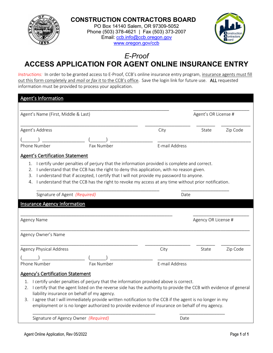 Oregon E-Proof Access Application for Agent Online Insurance Entry ...