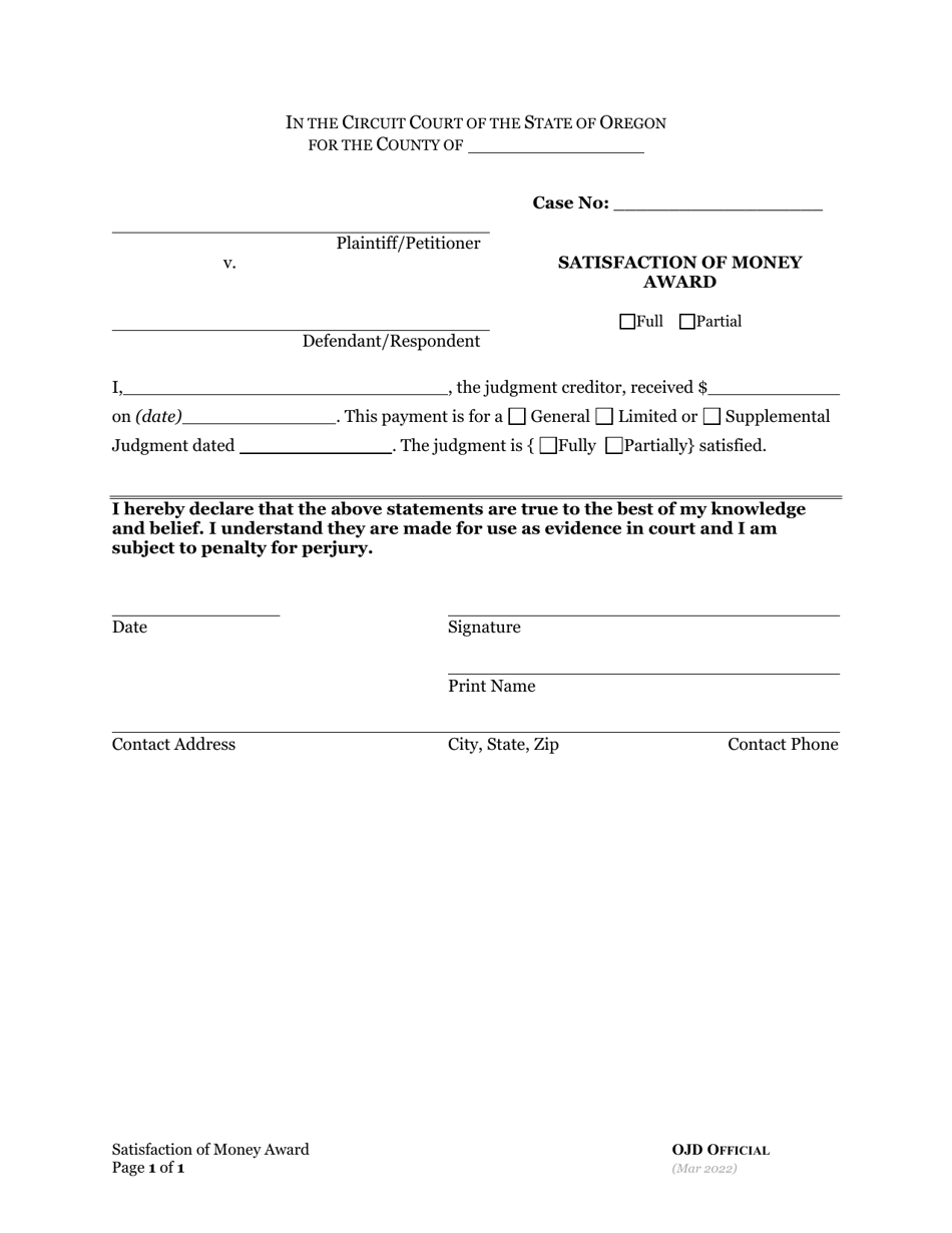 Oregon Satisfaction of Money Award - Fill Out, Sign Online and Download ...