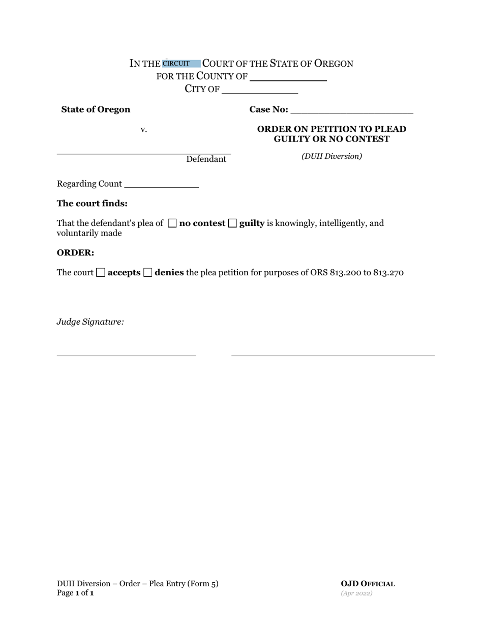 DUII Diversion Form 5 Download Fillable PDF or Fill Online Order on ...