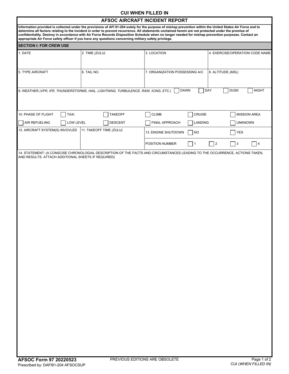 AFSOC Form 97 Download Fillable PDF or Fill Online Afsoc Aircraft ...