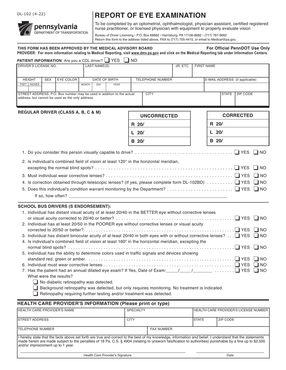 Form DL-102 Download Fillable PDF or Fill Online Report of Eye Examination, Pennsylvania ...
