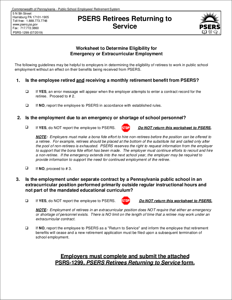 Form PSRS-1299 Download Printable PDF or Fill Online Psers Retirees ...
