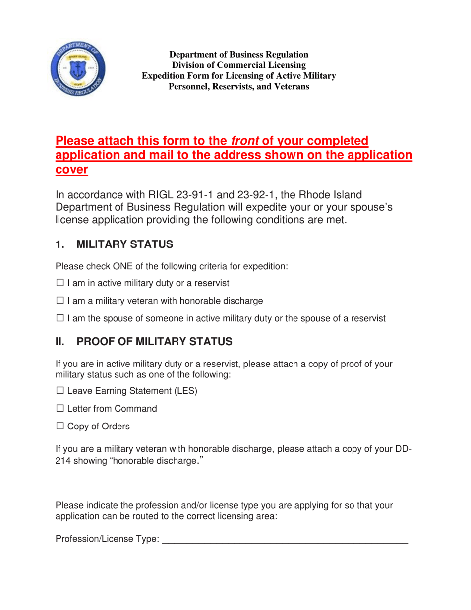 Rhode Island Expedition Form for Licensing of Active Military Personnel ...