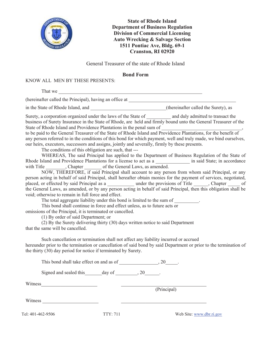 Rhode Island Auto Wrecking & Salvage Yard Bond Form - Fill Out, Sign Online and Download PDF ...