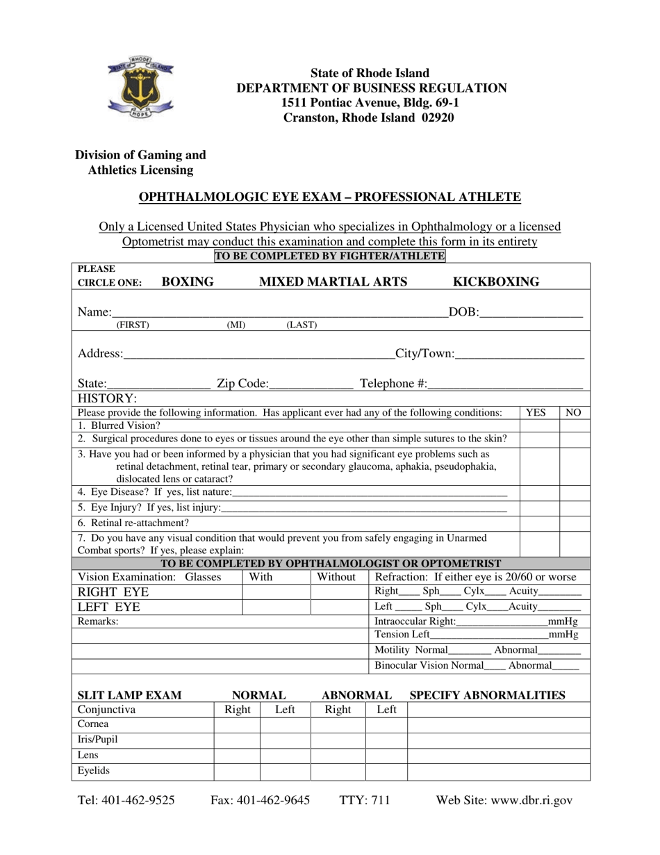 Rhode Island Ophthalmologic Eye Exam - Professional Athlete - Fill Out ...