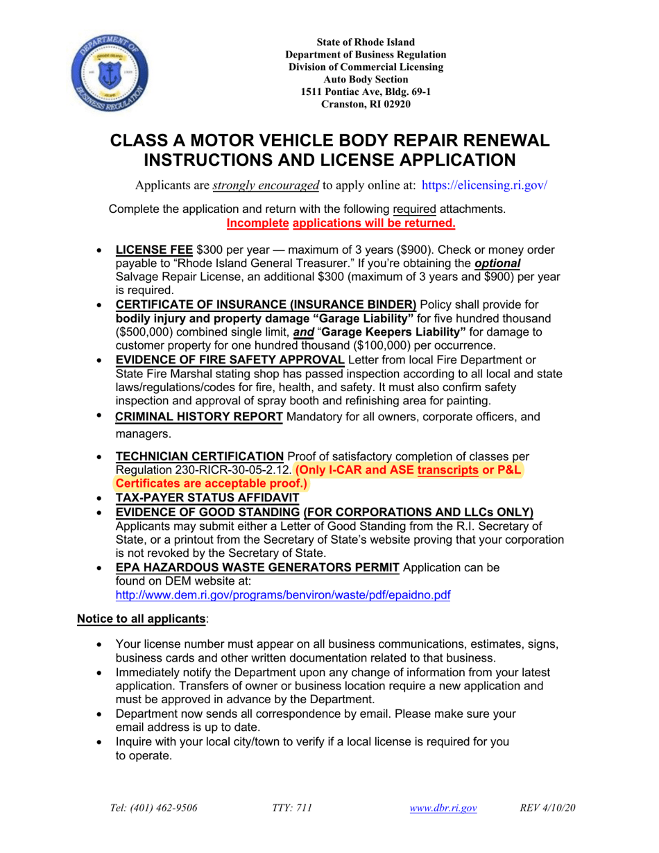 Rhode Island Class a Motor Vehicle Repair Renewal Application - Fill ...