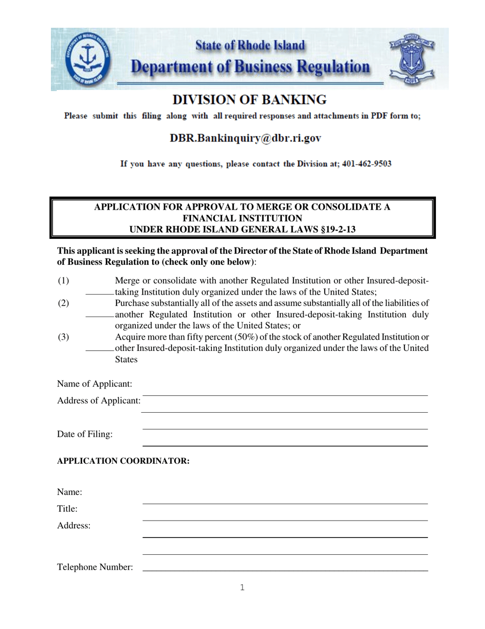 Rhode Island Application for Approval to Merge or Consolidate a Financial Institution Under ...