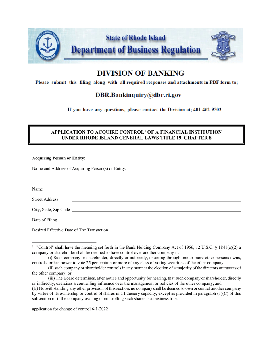 Rhode Island Application to Acquire Control of a Financial Institution ...