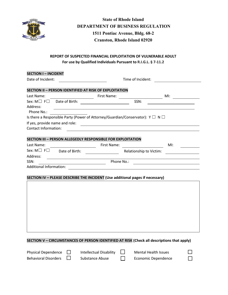 Rhode Island Report of Suspected Financial Exploitation of Vulnerable ...