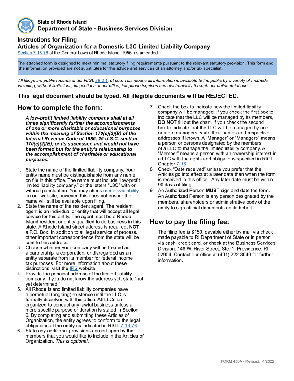 Form 400A - Fill Out, Sign Online and Download Fillable PDF, Rhode ...