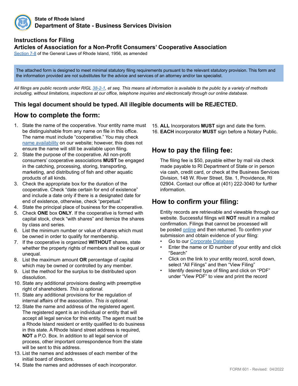 Form 601 - Fill Out, Sign Online and Download Fillable PDF, Rhode ...