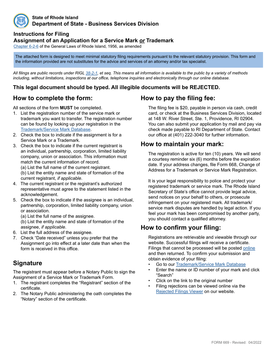 Form 669 Download Fillable PDF or Fill Online Assignment of an ...