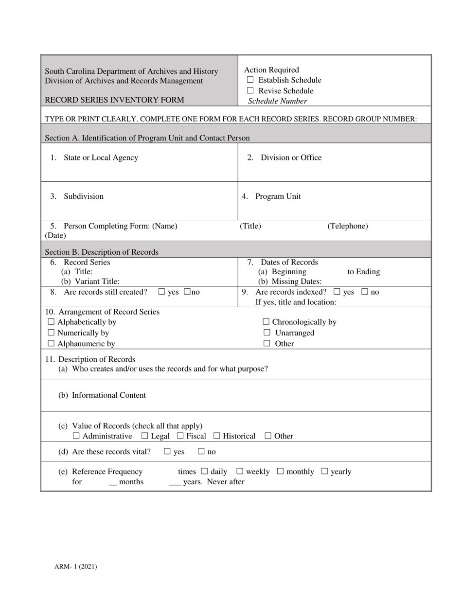 Form ARM-1 Download Fillable PDF or Fill Online Record Series Inventory ...