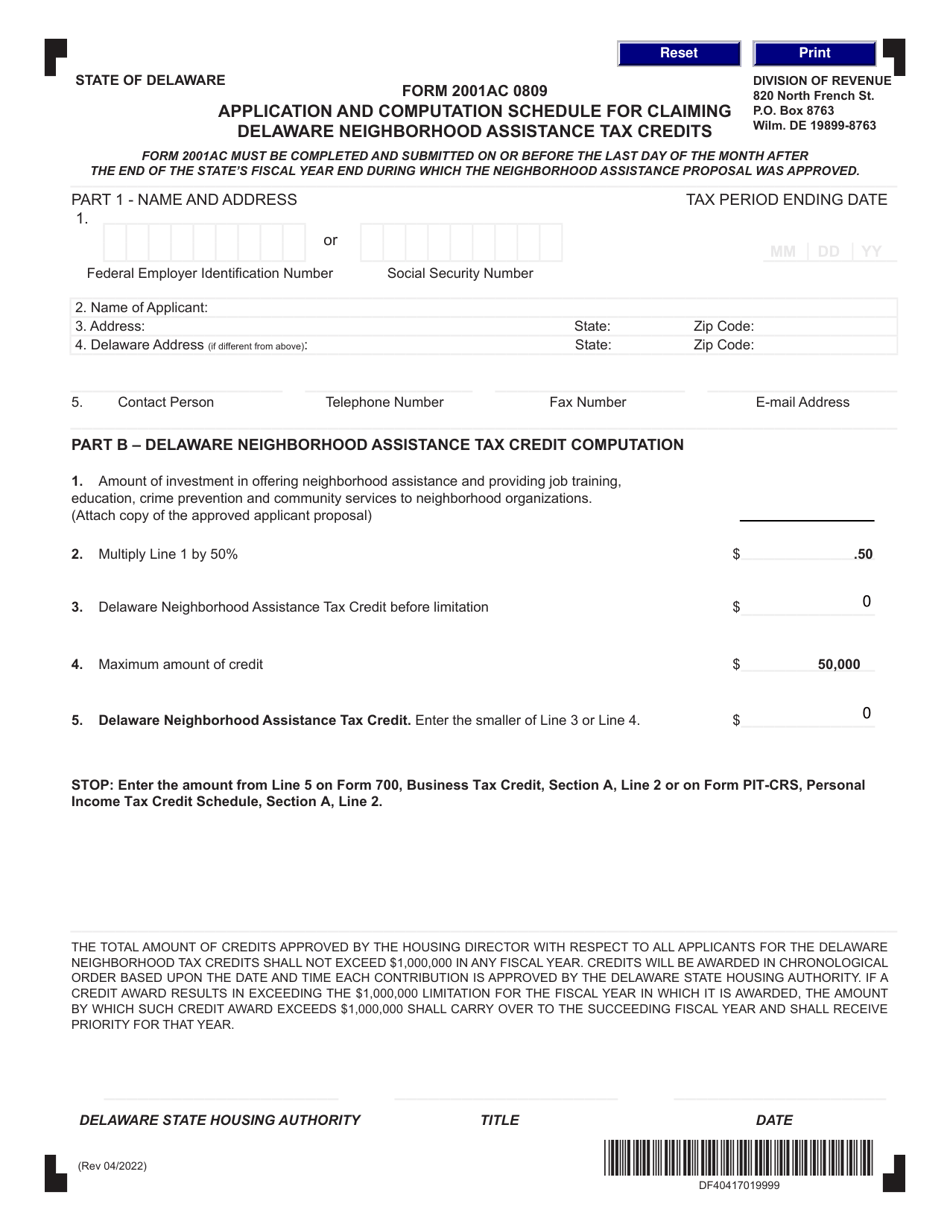 Form 2001AC 0809 - Fill Out, Sign Online and Download Fillable PDF, Delaware | Templateroller