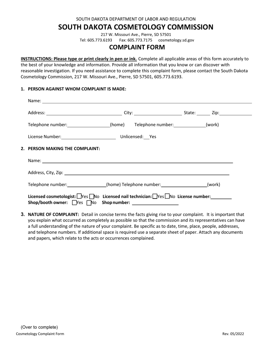 South Dakota Complaint Form - Fill Out, Sign Online and Download PDF | Templateroller