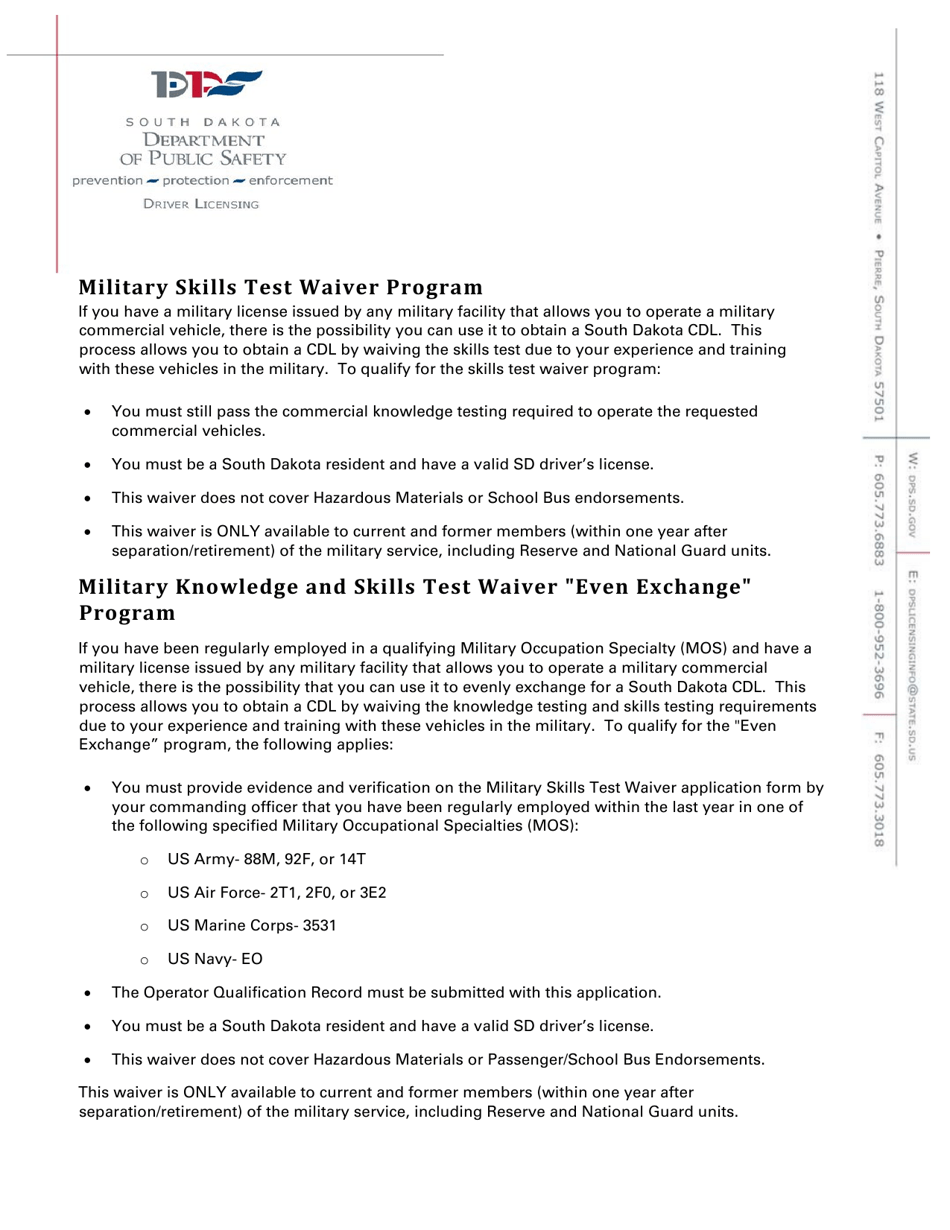 South Dakota Application for Military Knowledge & Skills Test Waiver ...