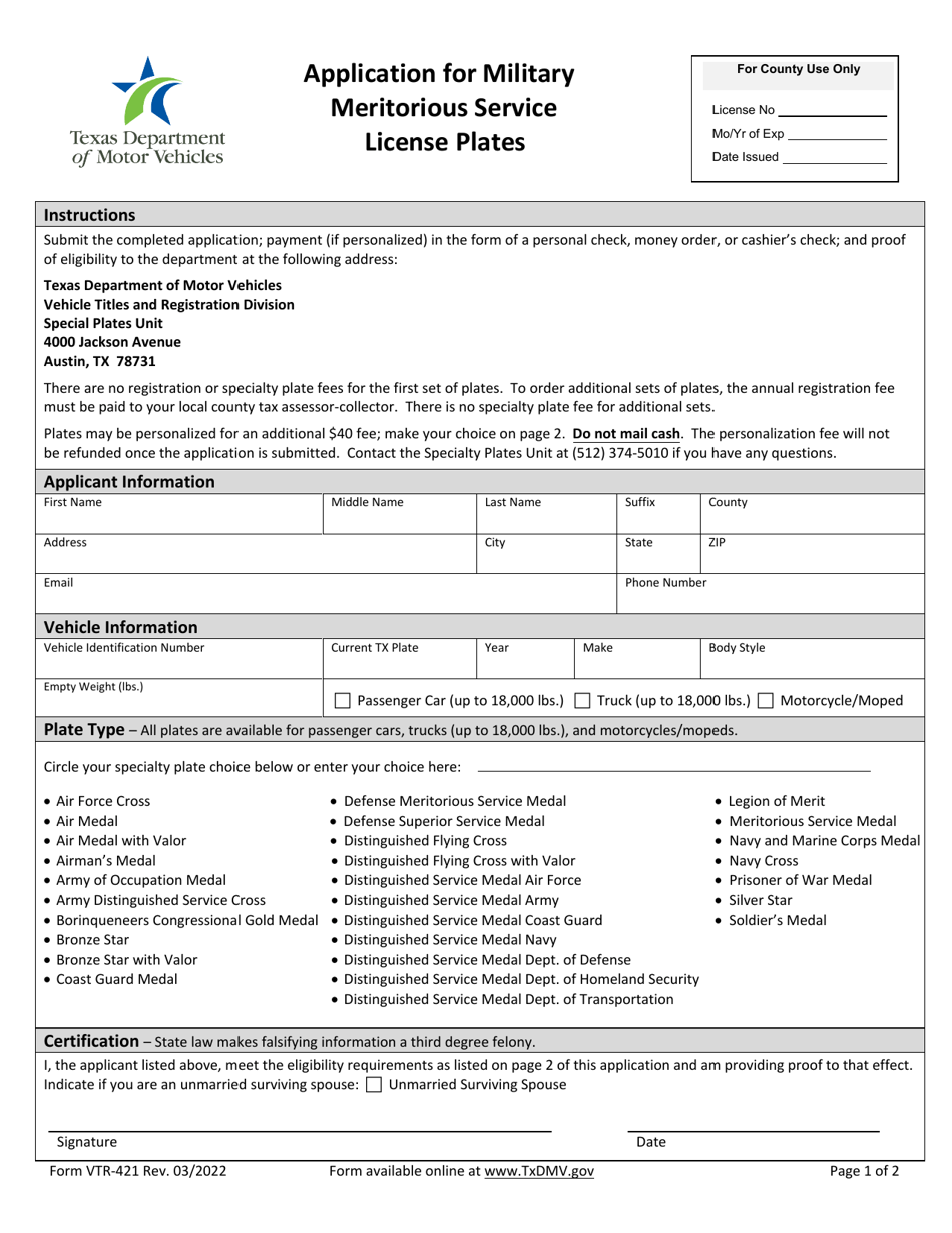 Form VTR-421 Download Fillable PDF or Fill Online Application for ...
