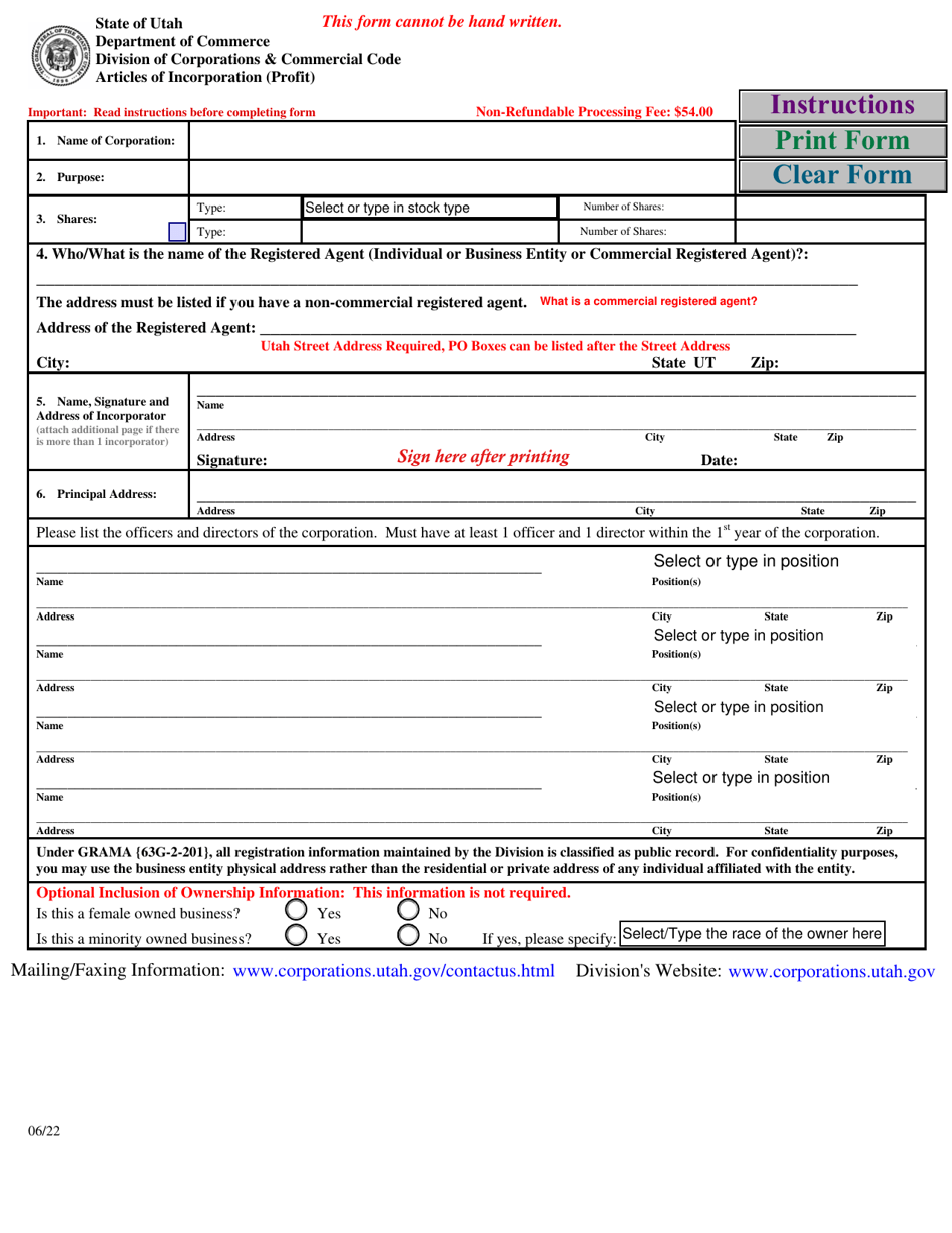 Utah Articles of Incorporation (Profit) Download Fillable PDF ...