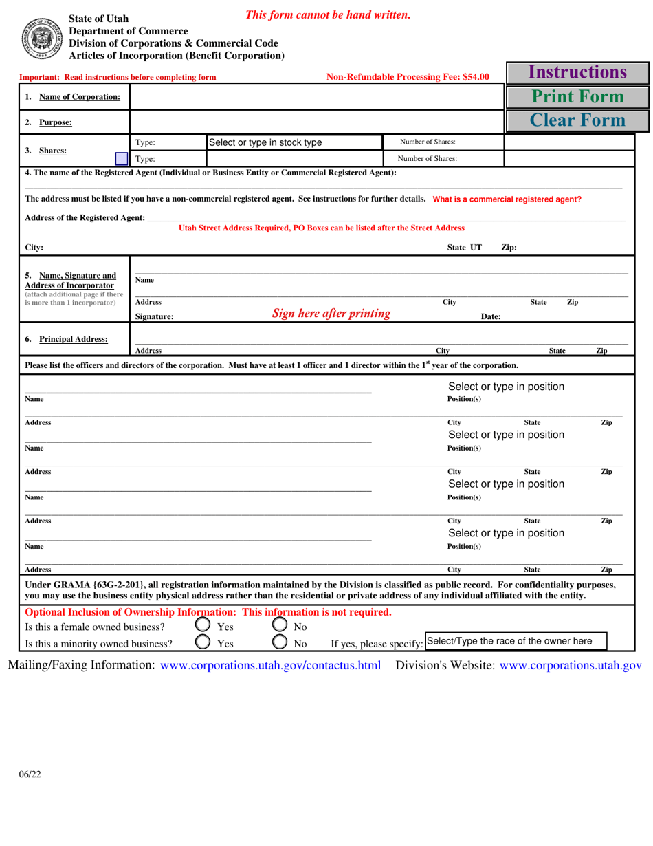 Utah Articles of Incorporation (Benefit Corporation) Download Fillable ...