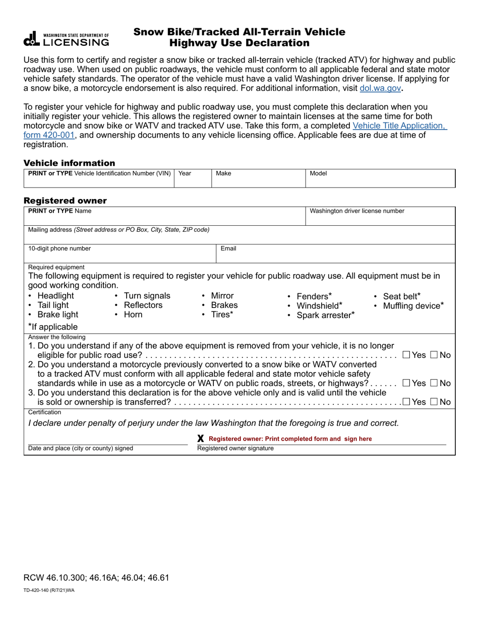 Form TD-420-140 Download Fillable PDF or Fill Online Snow Bike/Tracked ...