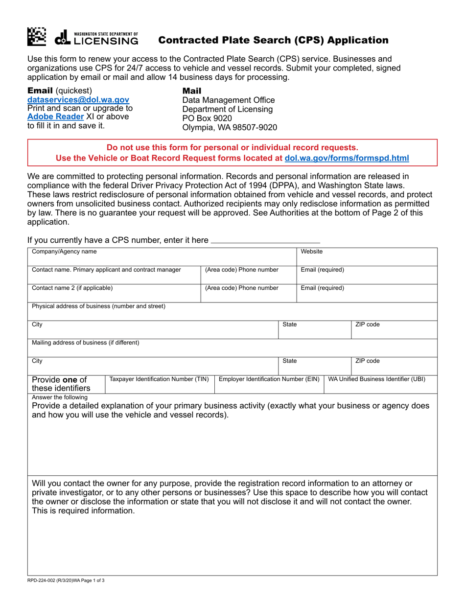 Form RPD-224-002 Download Fillable PDF or Fill Online Contracted Plate ...