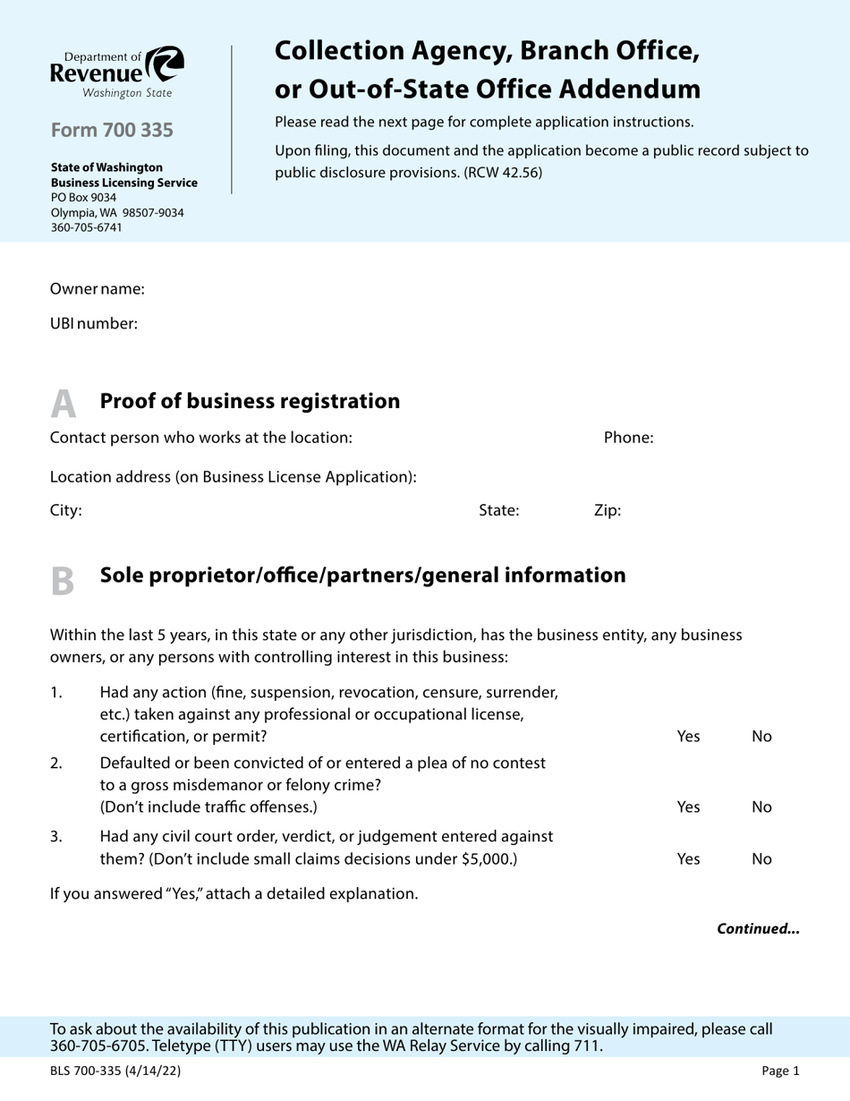 Form BLS700-335 Download Fillable PDF or Fill Online Collection Agency ...