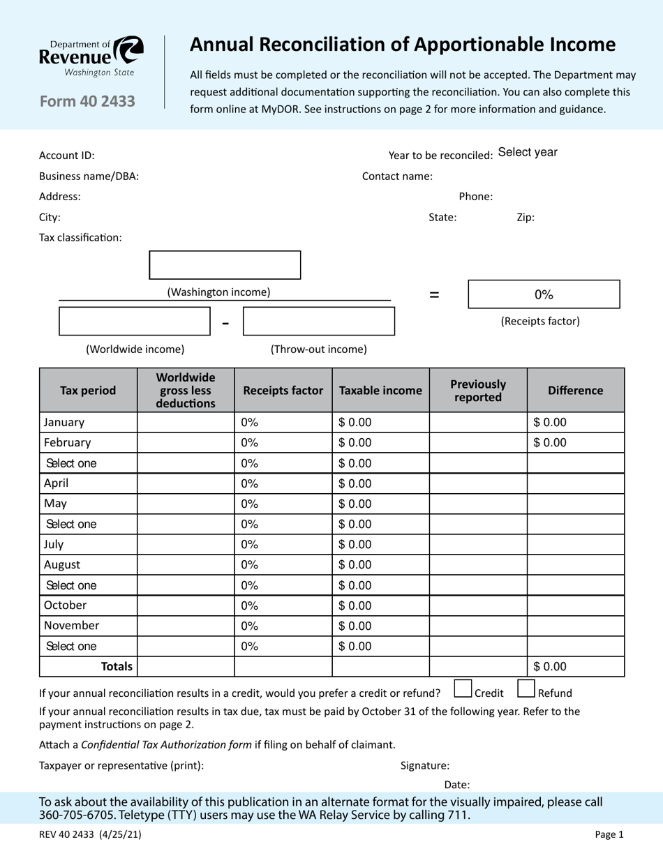 Form 40 2433 Download Fillable PDF or Fill Online Annual Reconciliation ...