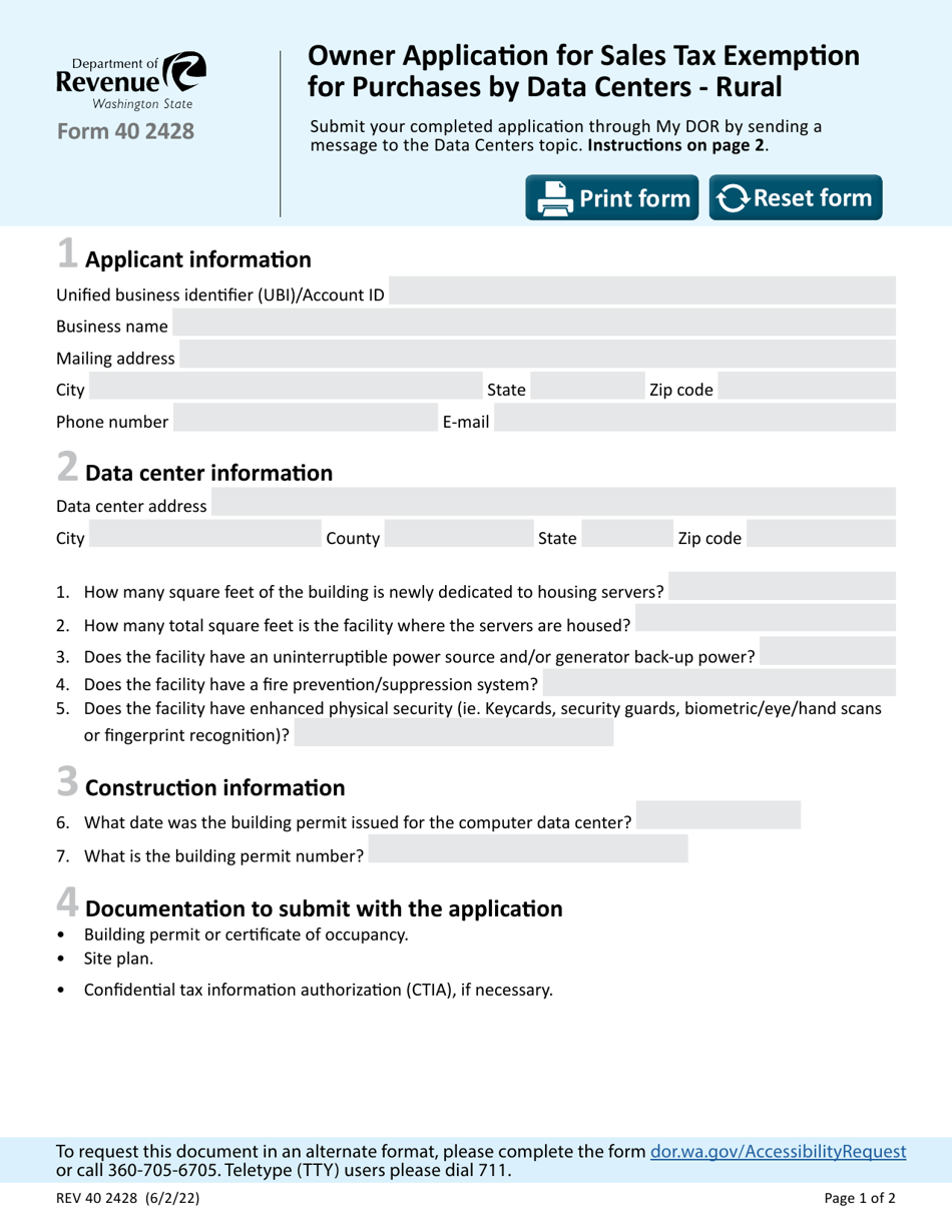 Form REV40 2428 Download Fillable PDF or Fill Online Owner Application ...