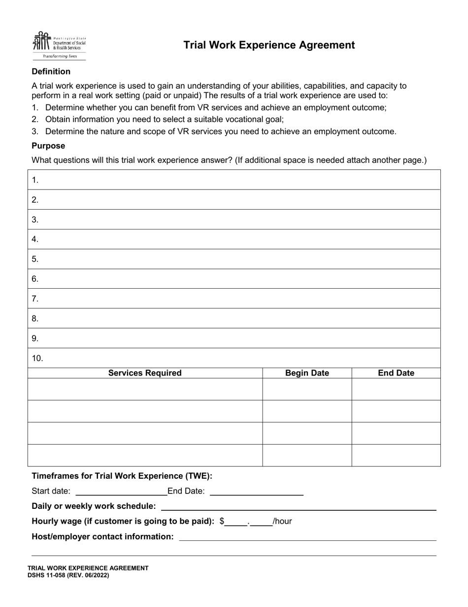 DSHS Form 11-058 Download Printable PDF or Fill Online Trial Work ...
