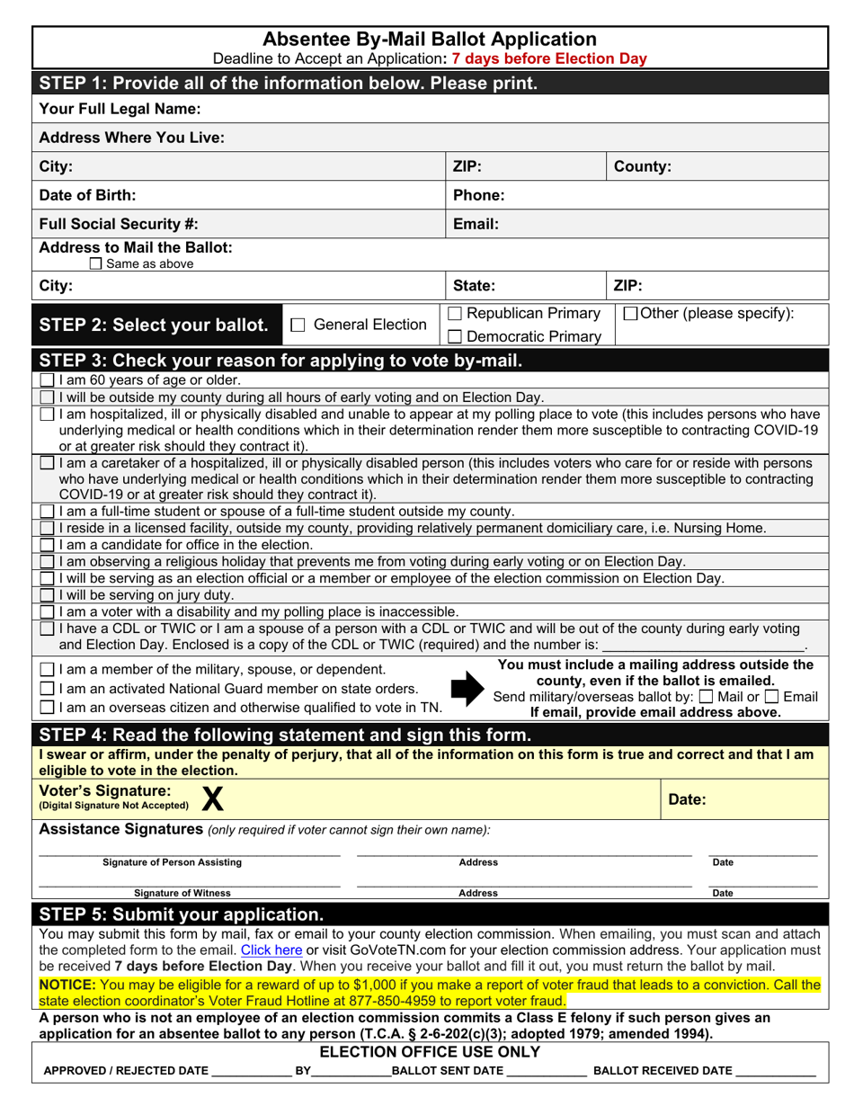 Tennessee Absentee by-Mail Ballot Application - Fill Out, Sign Online and Download PDF ...
