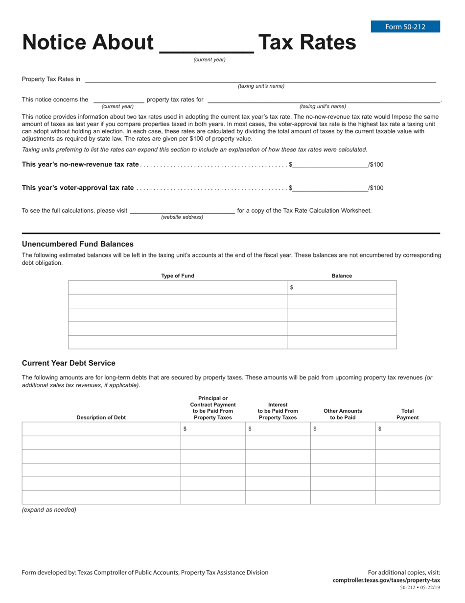 Form 50-212 Download Printable PDF or Fill Online Notice of Tax Rates ...