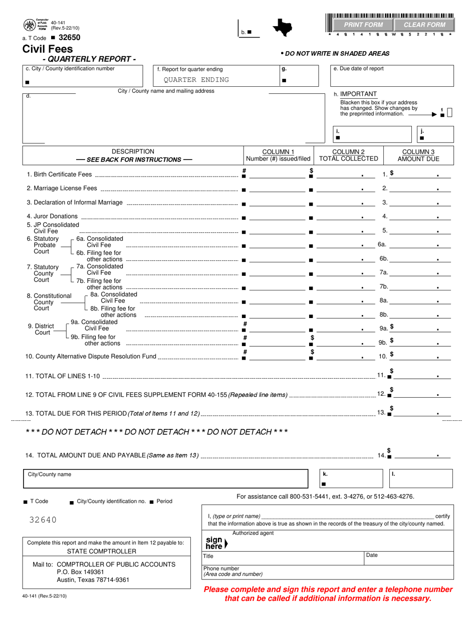 Form 40-141 Download Fillable PDF or Fill Online Civil Fees Quarterly ...