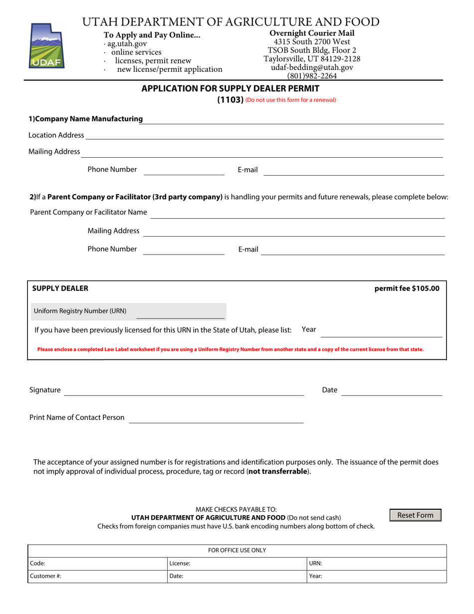 Utah Application for Supply Dealer Permit (1103) Download Printable PDF ...