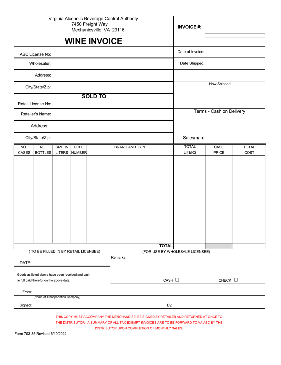 Form 703-35 Download Printable PDF or Fill Online Wine Invoice ...