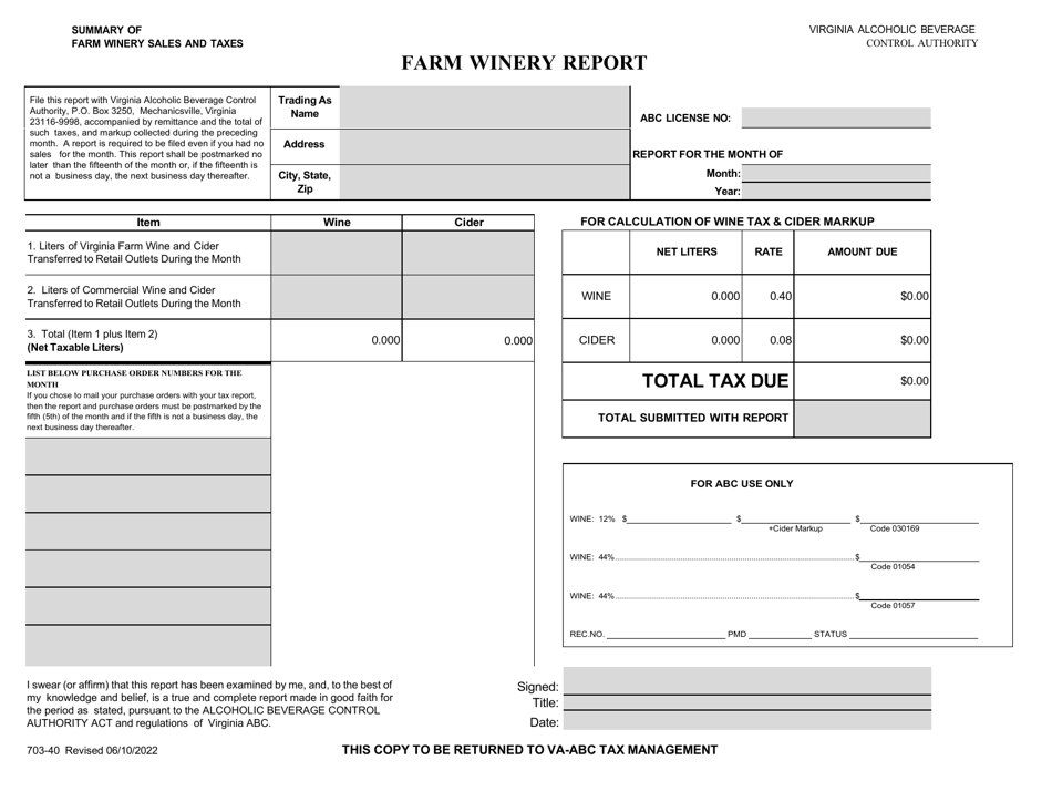 Form 703-40 Download Printable PDF or Fill Online Farm Winery Report ...